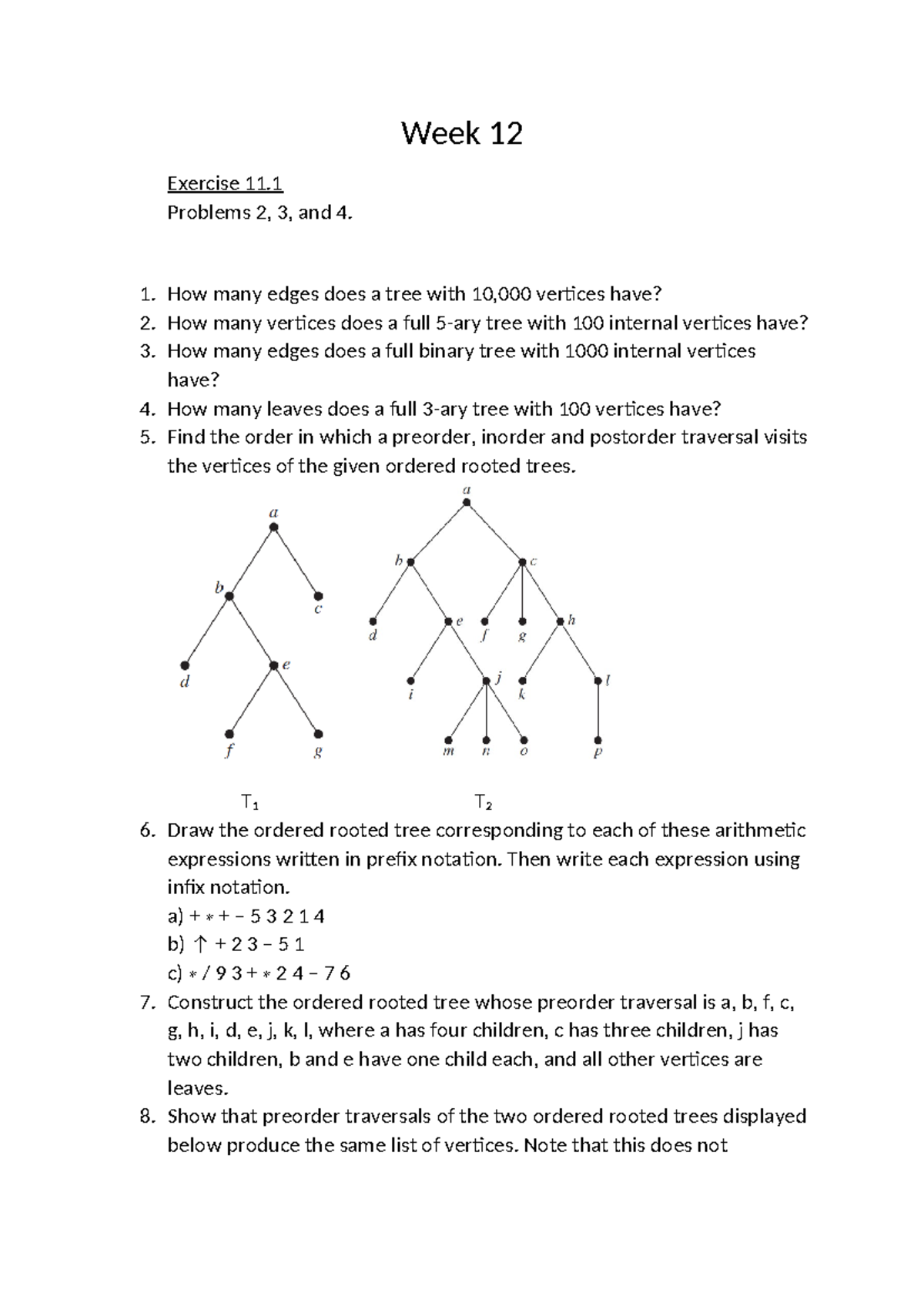 Week 12 - Practice Questions Trees - Week 12 Exercise 11. Problems 2, 3 ...
