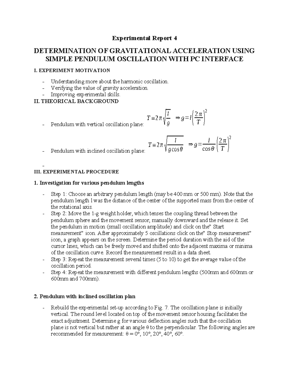Experimental Report 4: Determining Gravitational Acceleration via ...