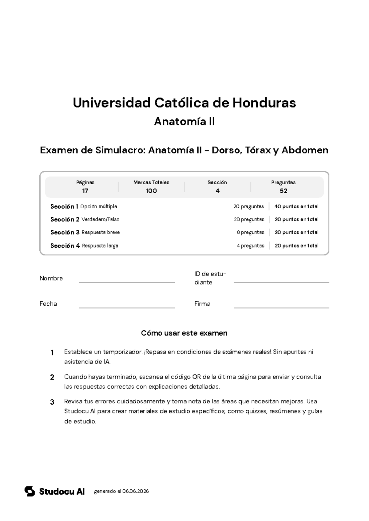 Examen de Simulacro: Anatomía II - Dorso, Tórax y Abdomen - Studocu