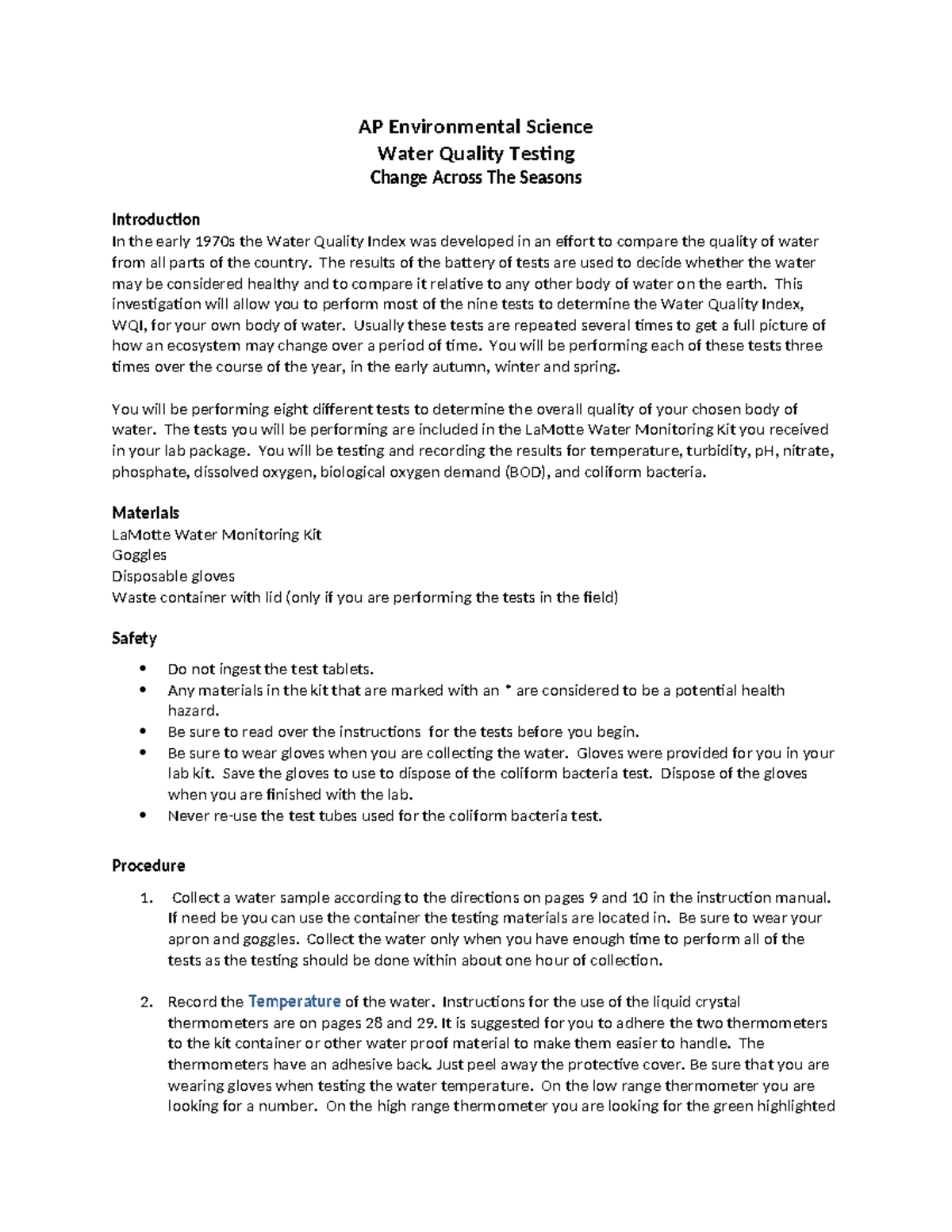 06-05-AP Environmental Science Water Quality Testing Lab Report - Studocu
