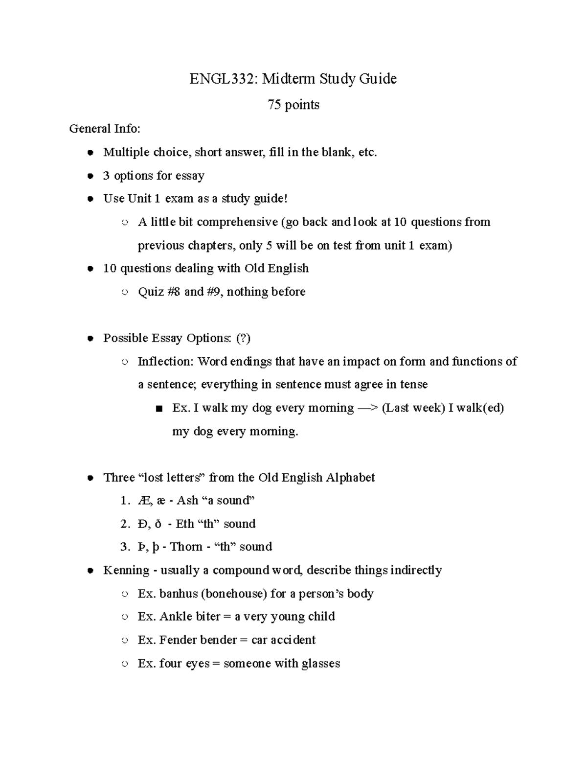 ENGL332 Midterm Exam - ENGL332: Midterm Study Guide 75 points General ...