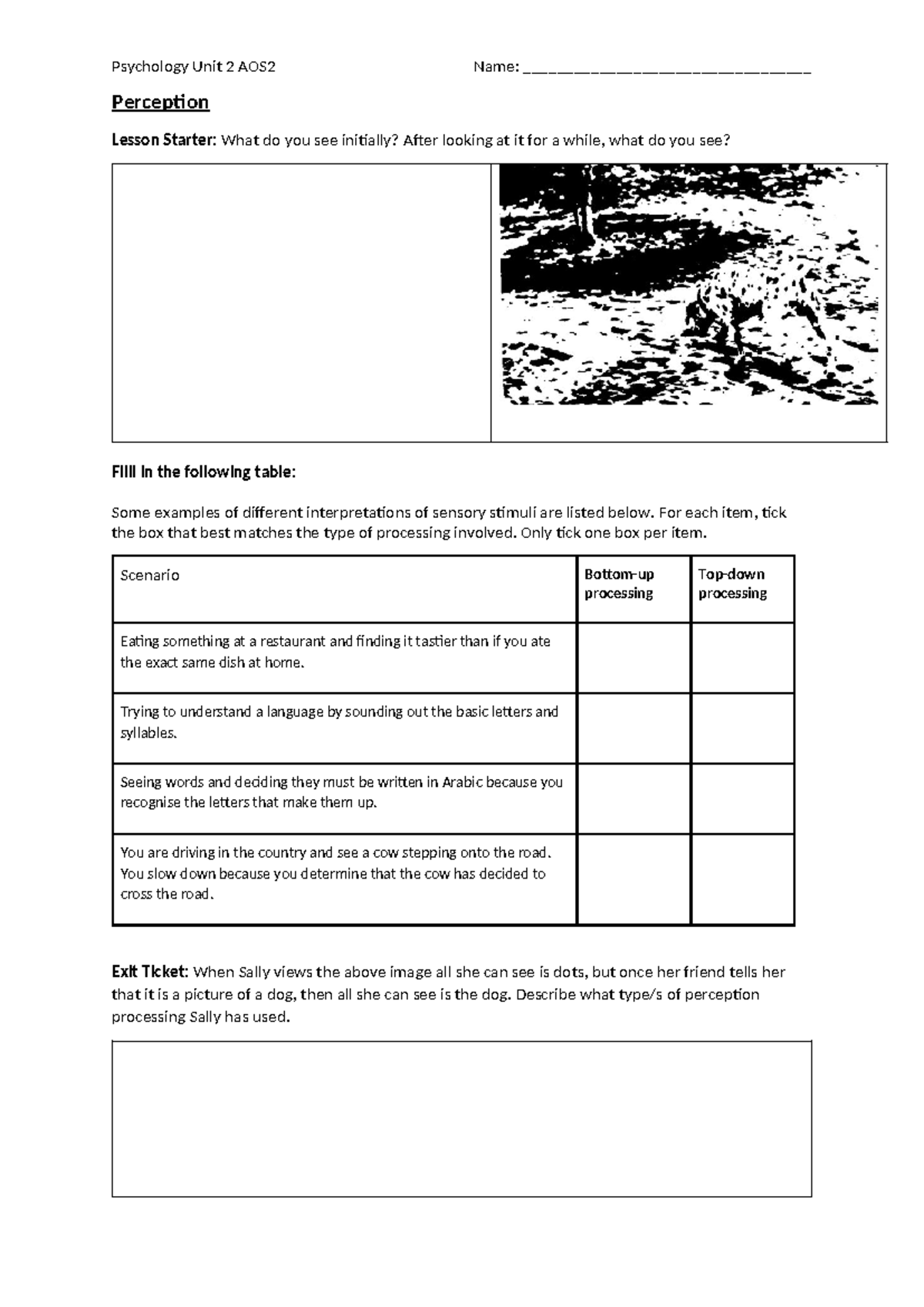 Psychology Unit 2 AOS2: Perception Lesson on Processing Types - Studocu