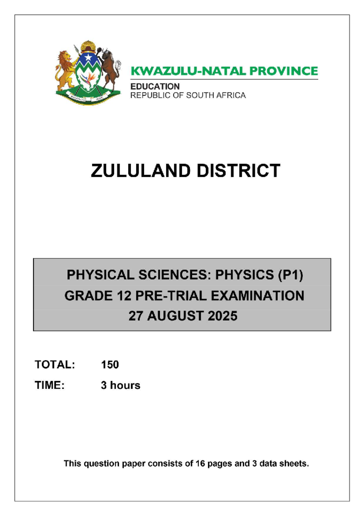 PRE Trial Physics P1 Exam Paper - Grade 12 (27 Aug 2025) - Studocu
