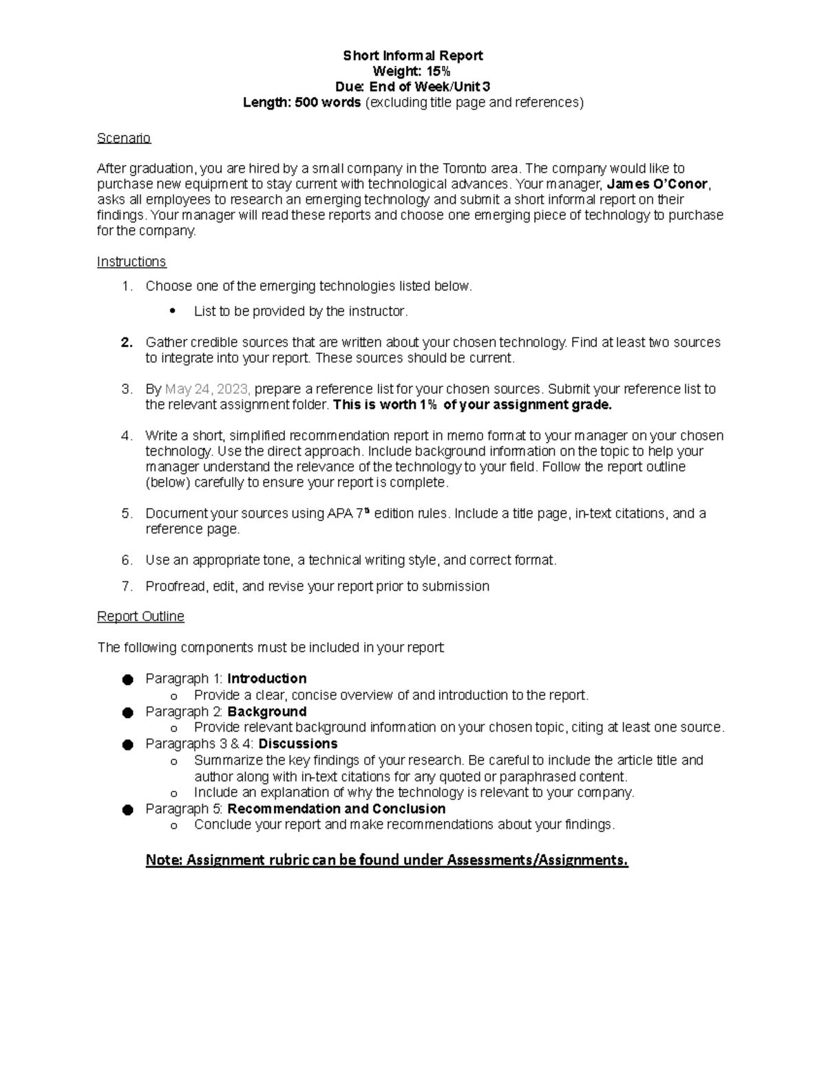 Short Informal Report Guidelines - ENGL250 Assignment - Studocu