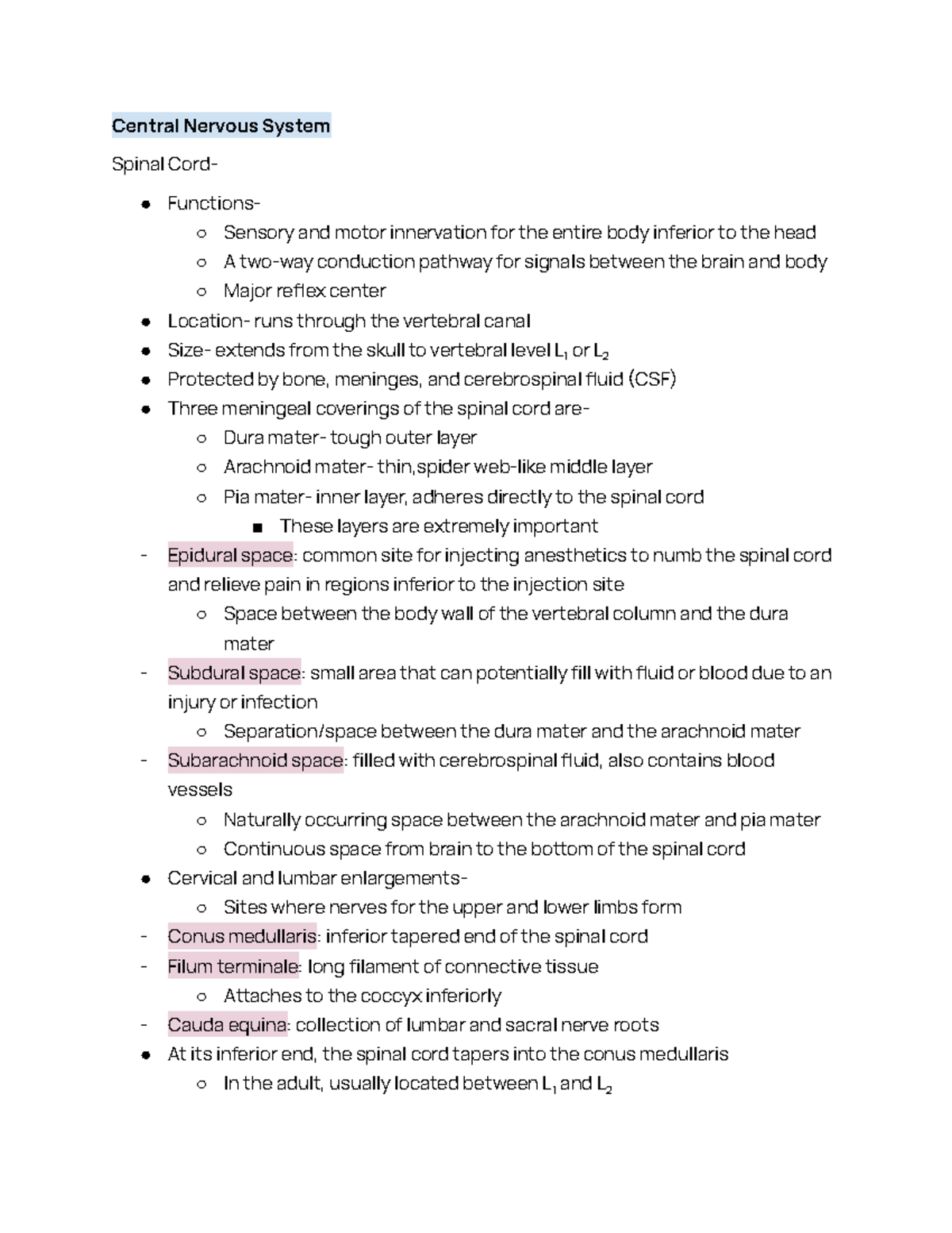 BIO 220 Final Exam Notes: Overview of the Central Nervous System - Studocu