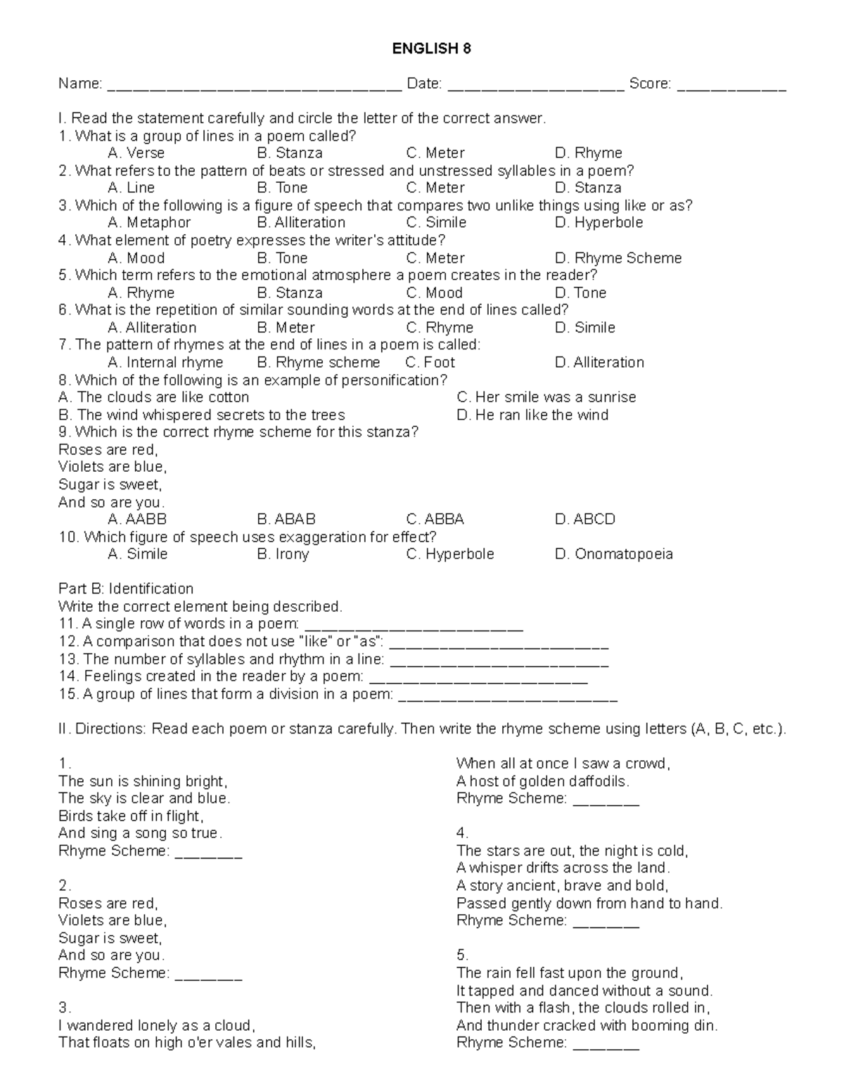 English 8 - Poetry Elements Quiz - Studocu