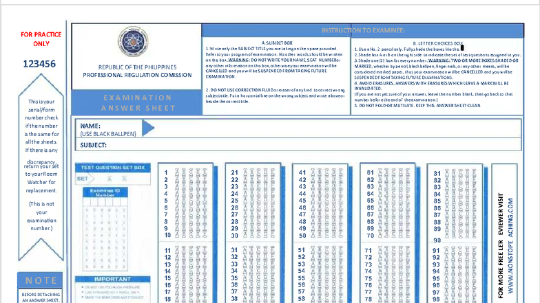 PRC 123456 Sample Answer Sheet Instructions for Examinees - Studocu