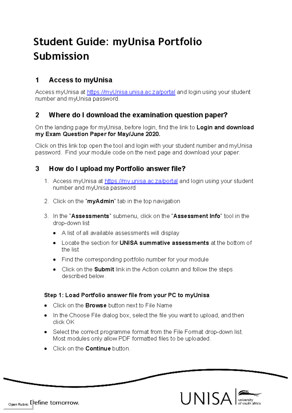 Student Guide: Exam Portfolio Submission via myUnisa Tool - Studocu