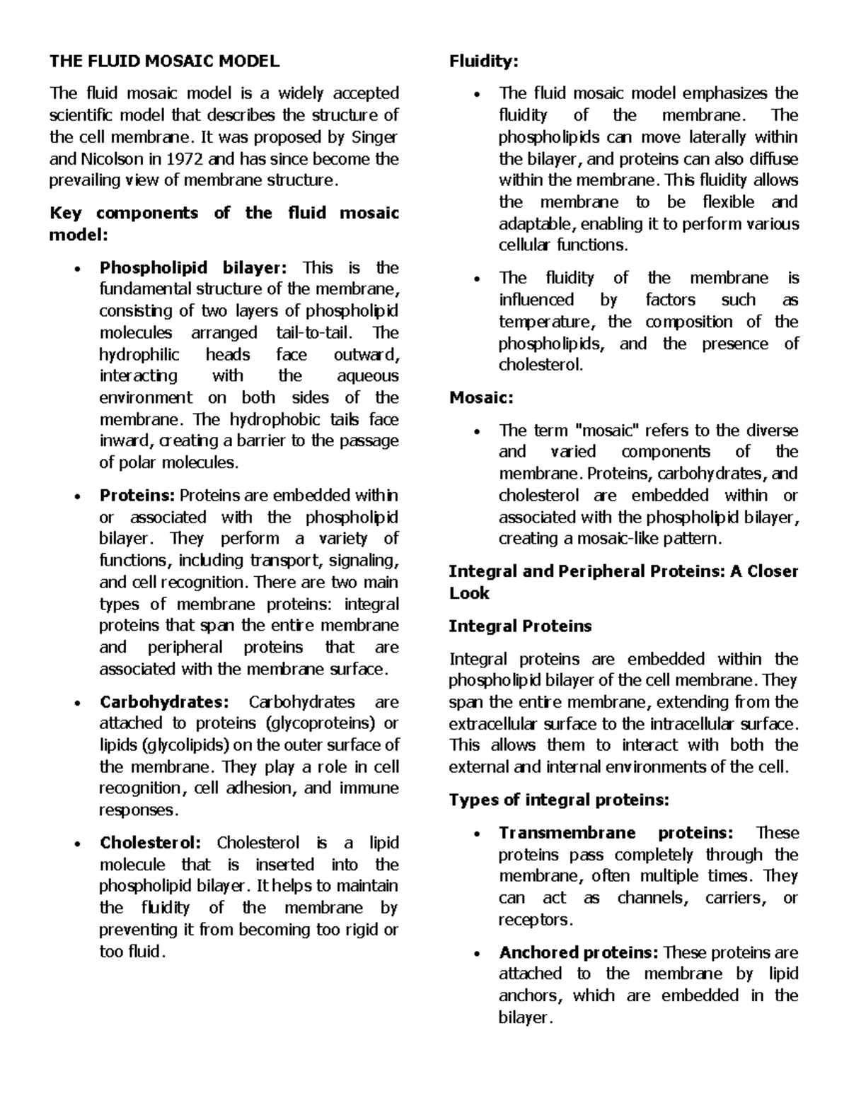 Cell Transport Mechanisms: Understanding the Fluid Mosaic Model - Studocu