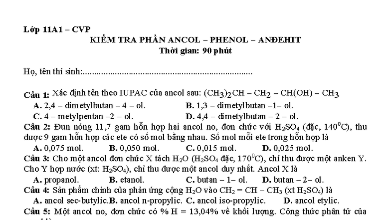 NHÓM 11 KIỂM TRA Ancol, Phenol, Anđehit - Đề Thi 90 Phút - Studocu