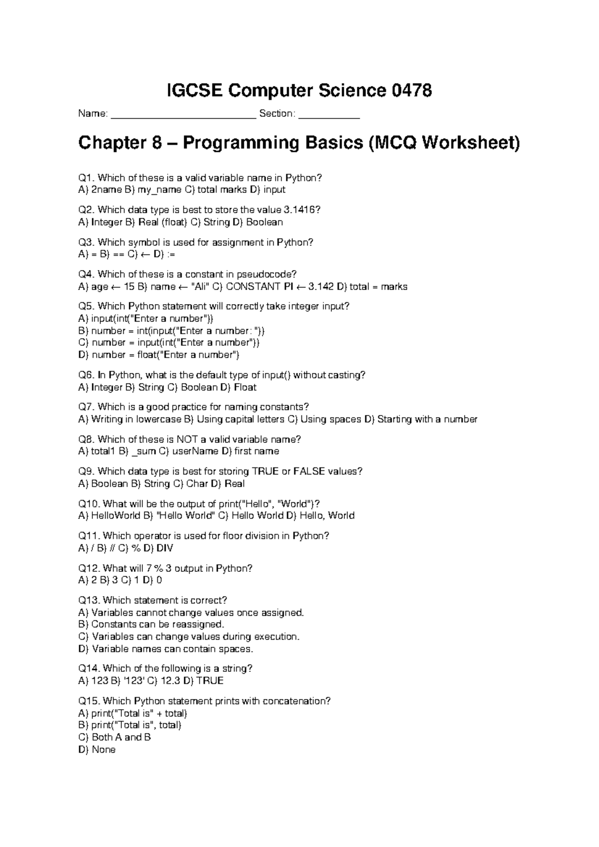 IGCSE Computer Science 0478: Chapter 8 Programming Basics MCQ - Studocu