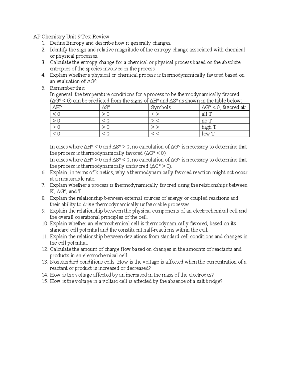 AP Chemistry Unit 9 Test Review Notes and Key Concepts - Studocu