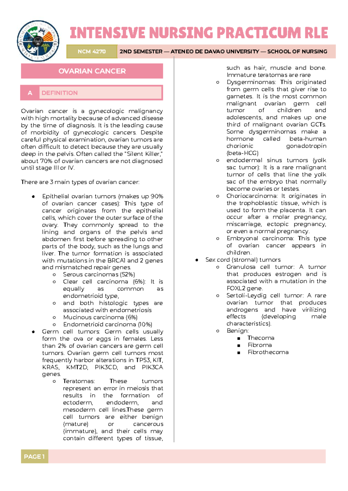 Ovarian Cancer Overview: Intensive Nursing Practicum RLE NCM 4270 Notes ...