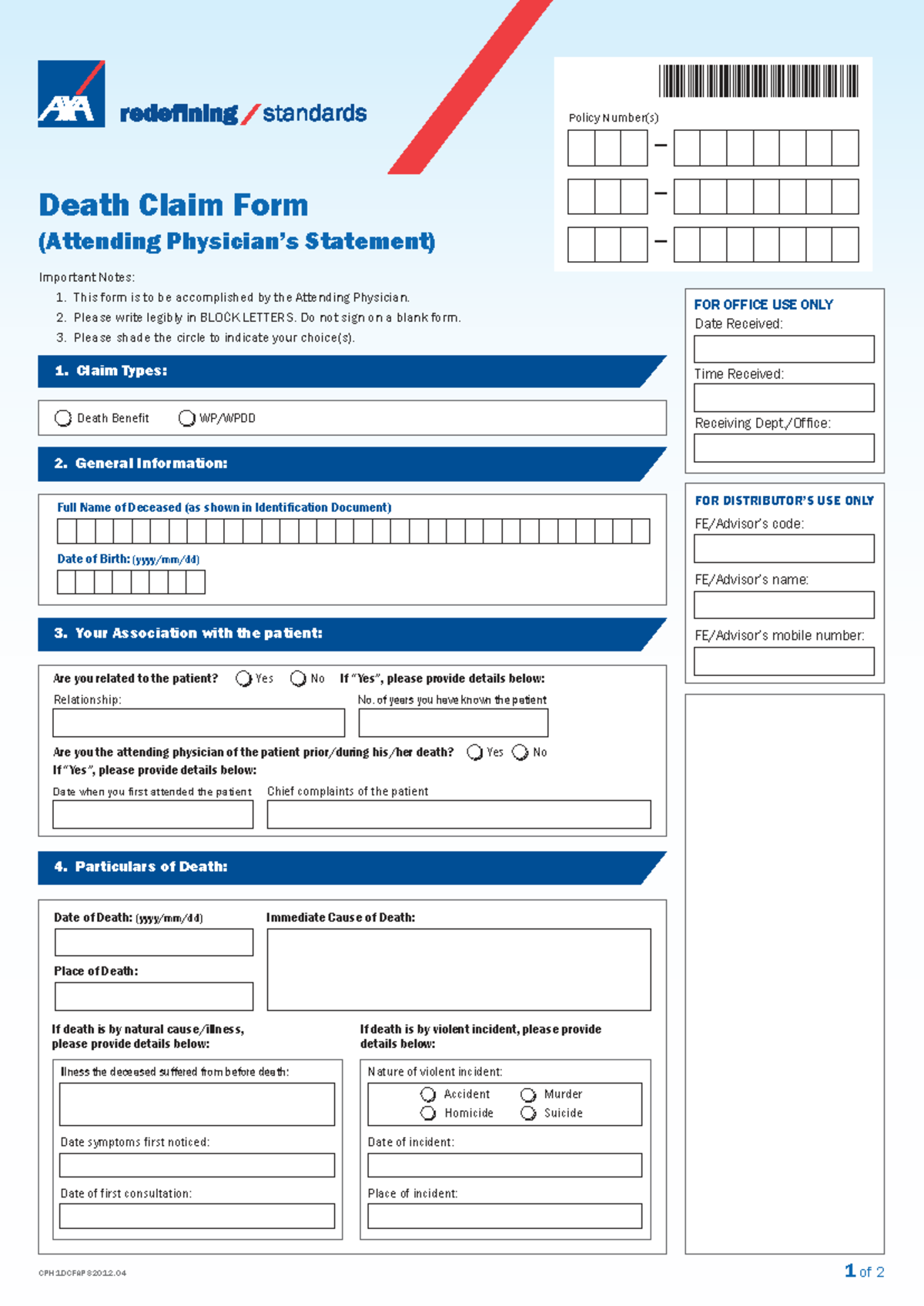 Death Claim Form (Attending Physician) CPH1DCFAPS2012.04 - Studocu
