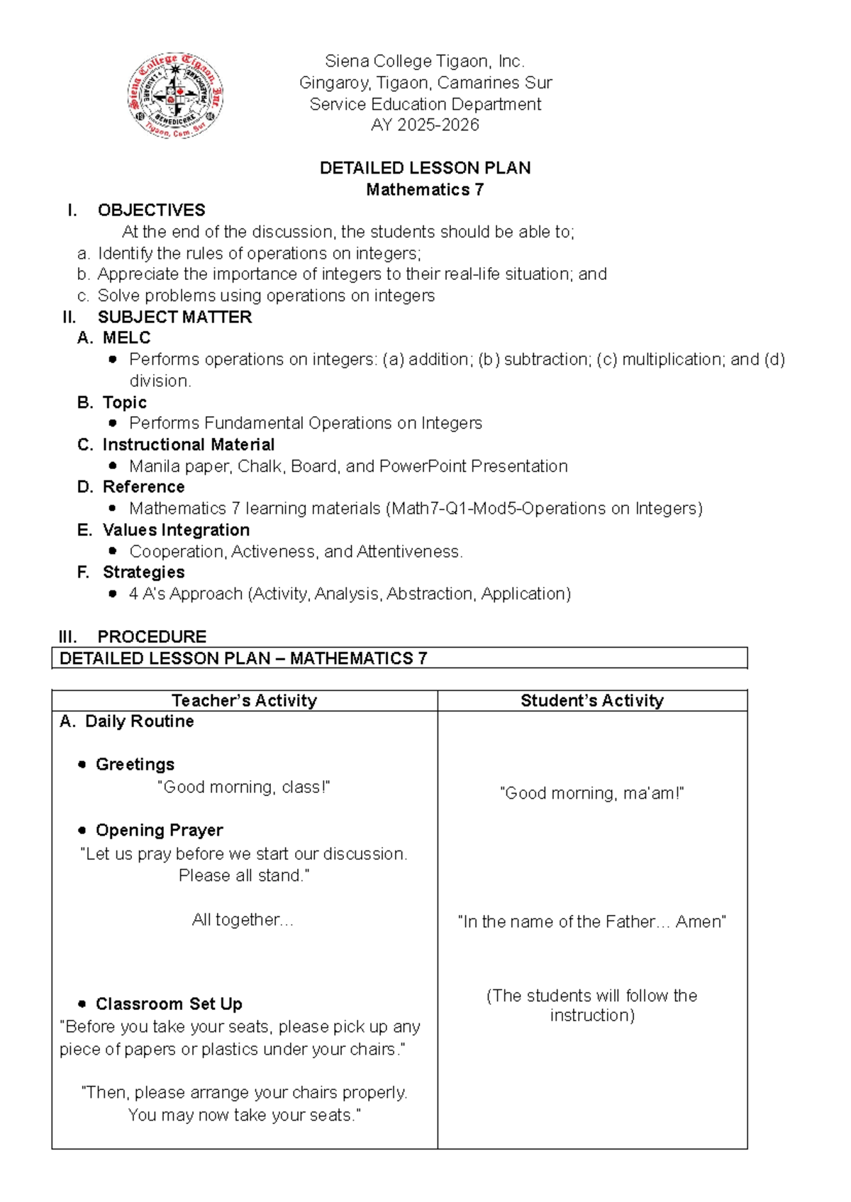 Mathematics 7 Detailed Lesson Plan on Operations with Integers - Studocu