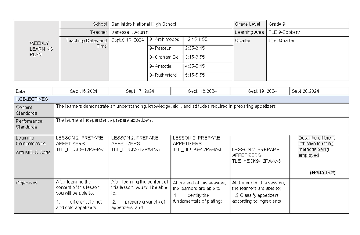 TLE 9-Cookery Lesson Plan: Preparing Appetizers (Sept 16-20, 2024 ...