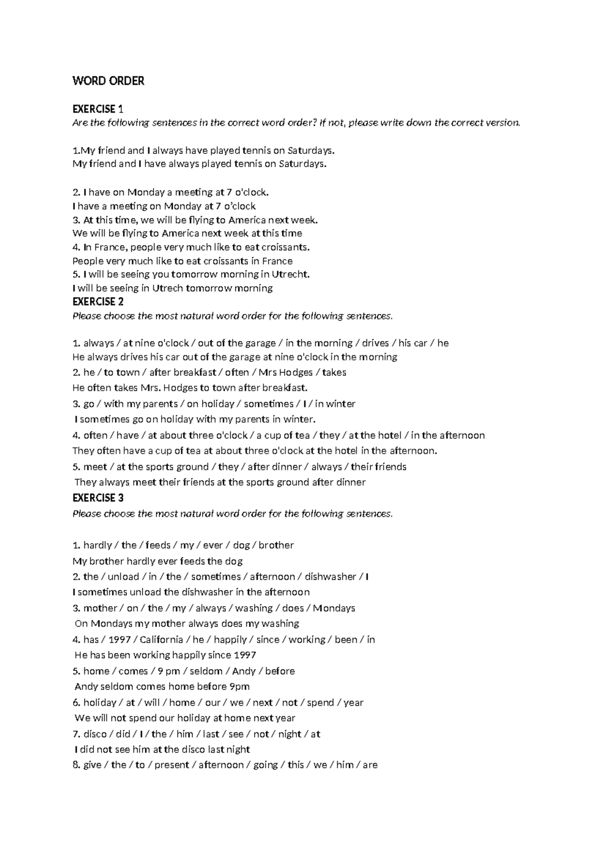 Word Order Exercises - Oefenmateriaal for Language Learning - Studeersnel