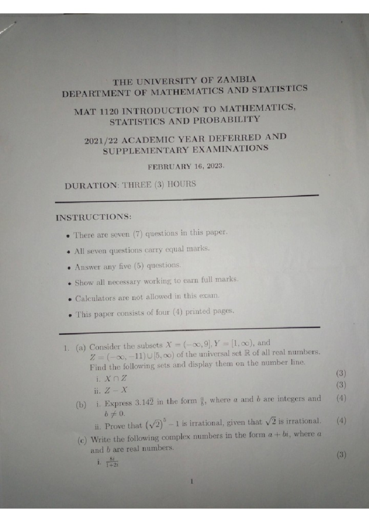 MAT1120 2022 SUPPLEMENTARY EXAM - Introduction to Mathematics ...