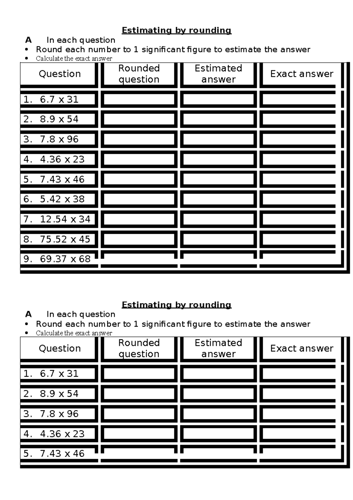 Estimating Worksheet - Practice Paper for Rounding and Estimation - Studocu