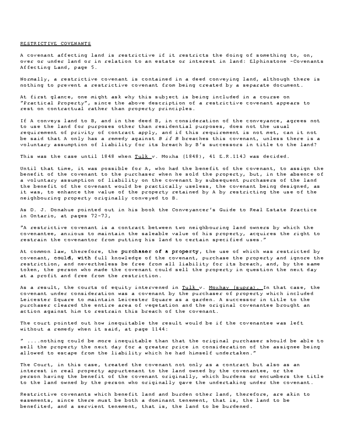 140 - Notes - RESTRICTIVE COVENANTS A covenant affecting land is ...