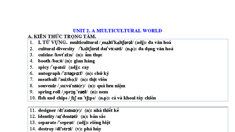 Unit 2: A Multicultural World - Key Vocabulary and Grammar Notes - Studocu
