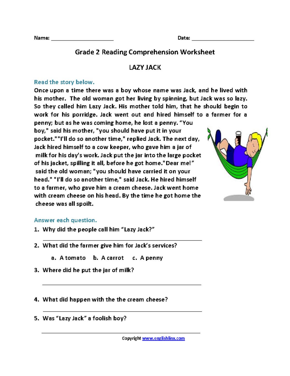 Grade 2 Reading Comprehension: Lazy Jack Notes - Studocu