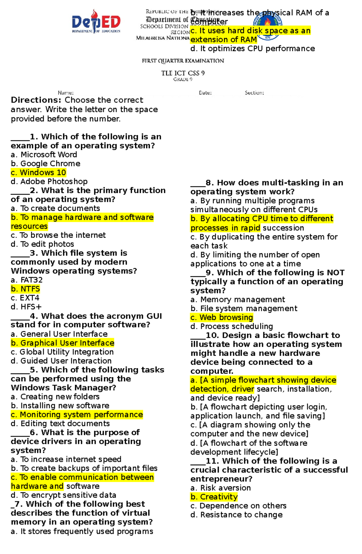 TLE ICT CSS9 Q1 2024 FINAL EXAM REVIEW QUESTIONS - Studocu
