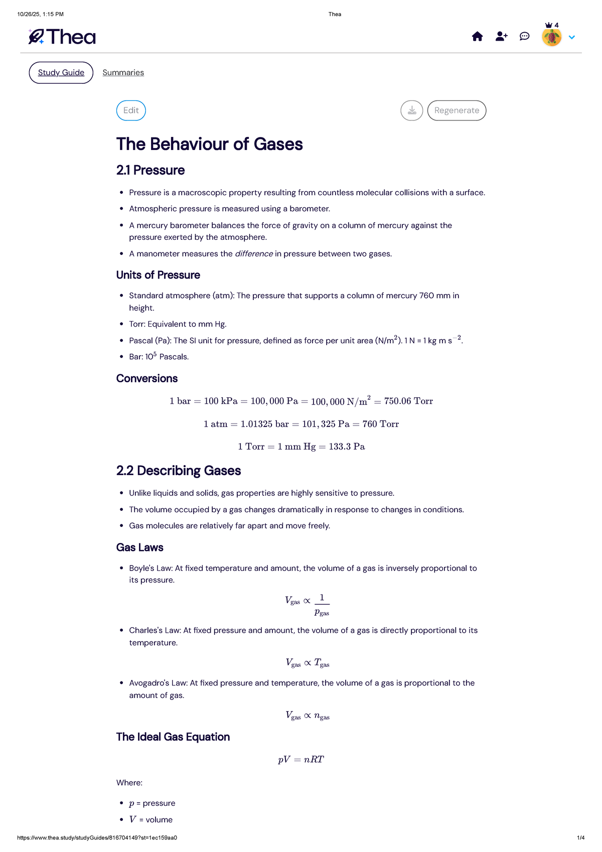 Thea Gases Study Guide: Key Concepts and Equations - Studocu