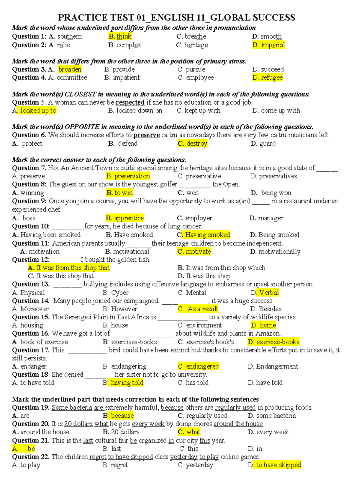 Practice Test 01 EN 11 HK2: Vocabulary & Grammar Exercises - Studocu