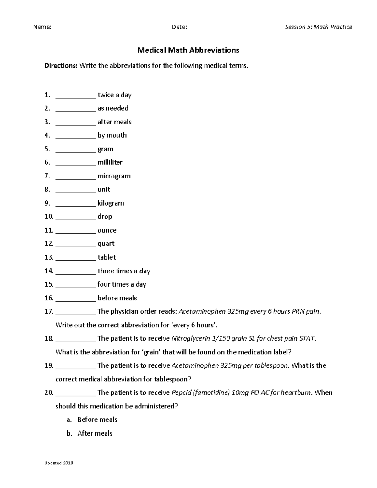 Medical Math Abbreviations Practice - Session 5 - Name