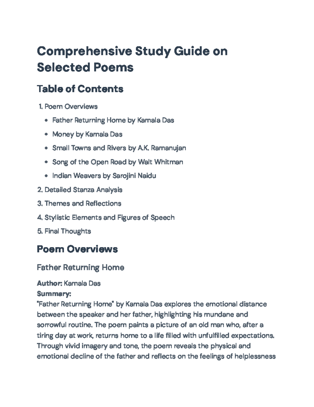 Comprehensive Study Guide on Selected Poems (ENG101) - Comprehensive ...