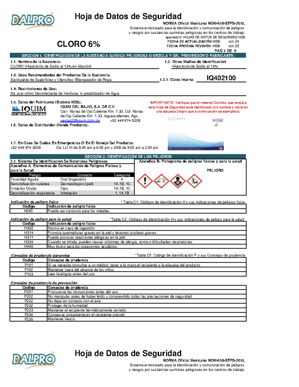 Hoja de Datos de Seguridad HDS - Cloro 6% según NOM-018-STPS-2015 - Studocu