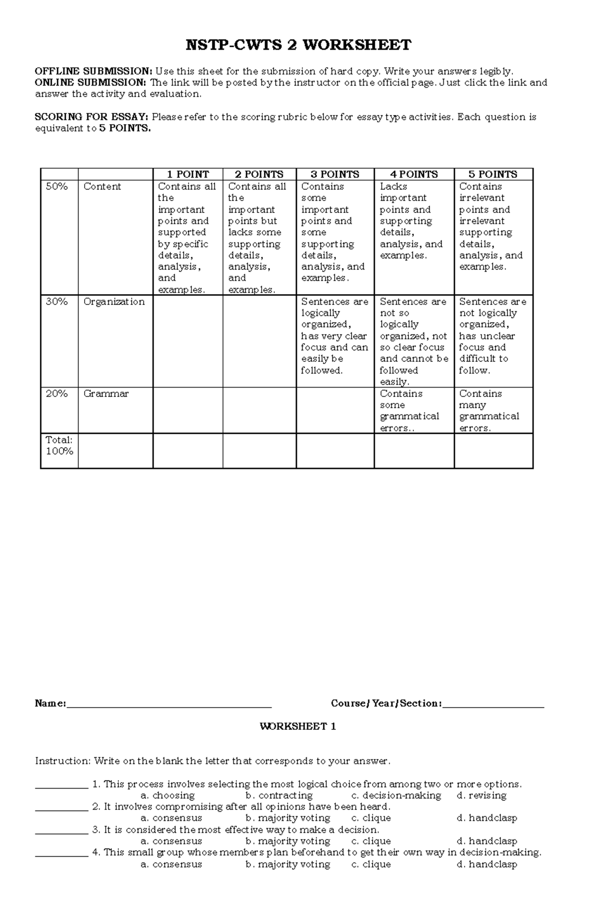 NSTP-CWTS 2 Midterm Worksheet - NSTP-CWTS 2 WORKSHEET OFFLINE ...