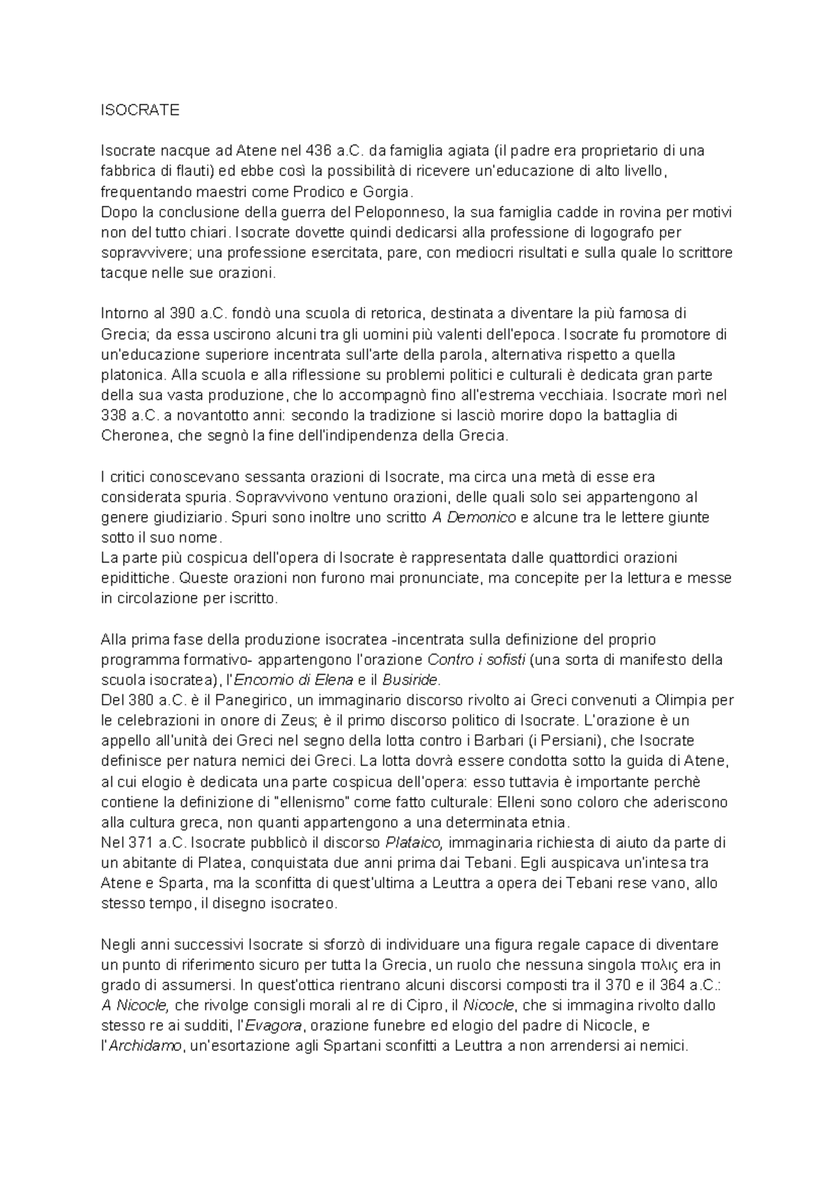 Isocrate: Riassunto della Vita e delle Opere - Studocu
