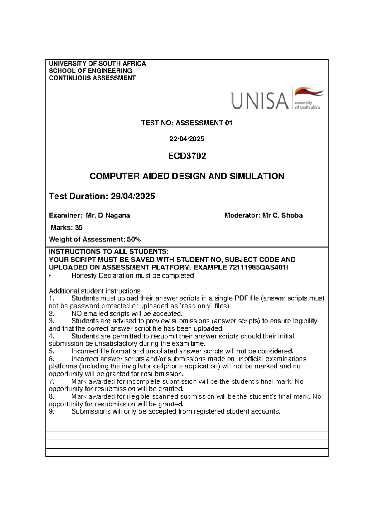 ECD3702 Continuous Assessment Test 01: Computer Aided Design 2025 - Studocu