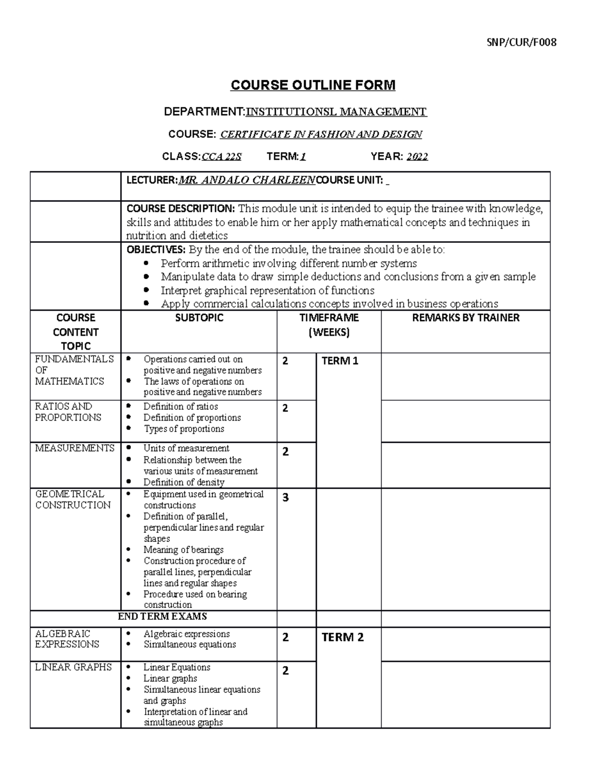 CCA 22S Mathematics Course Outline - Copy - SNP/CUR/F COURSE OUTLINE ...