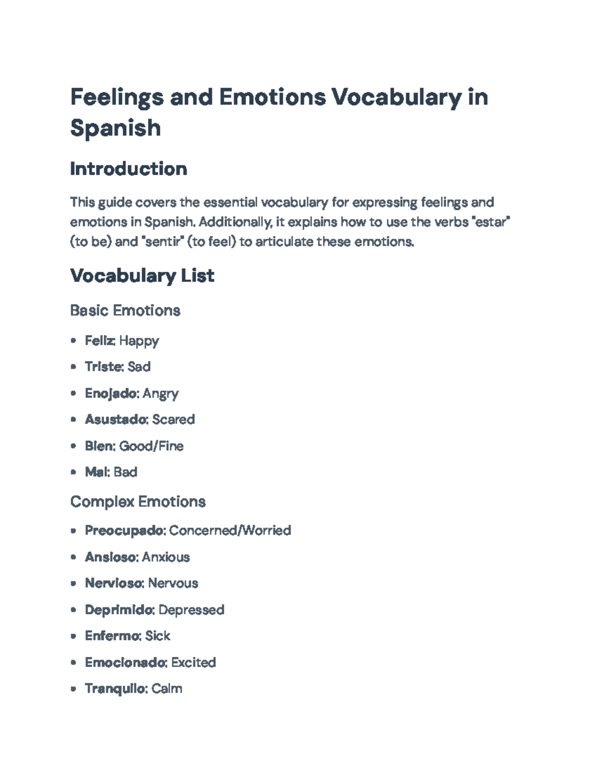 Spanish Emotions & Feelings Vocabulary Guide: Essential Phrases and ...