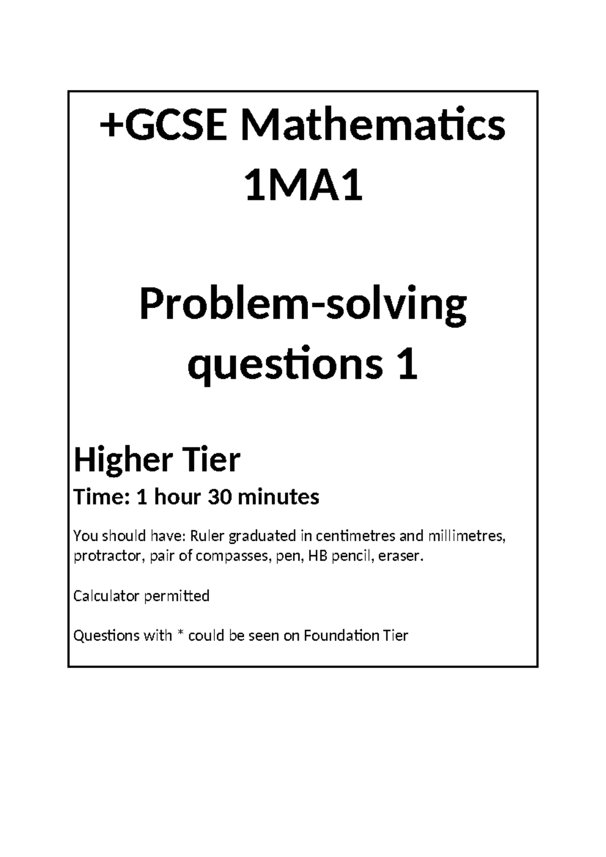 GCSE Maths Higher Tier Homework - Problem Solving Questions 1-11 - Studocu