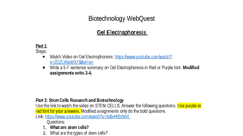 Biotechnology WebQuest: Gel Electrophoresis & Stem Cells Research - Studocu