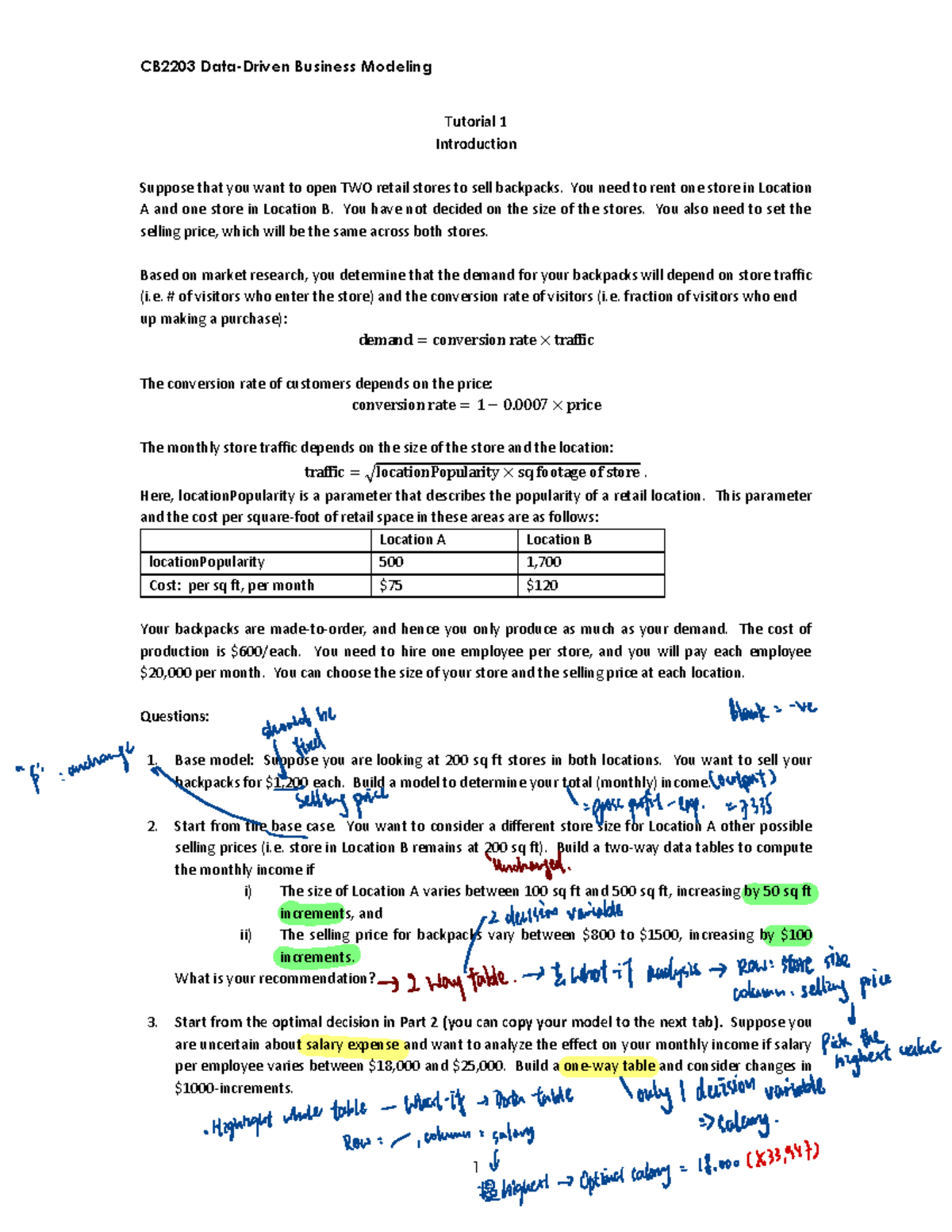 CB2203 Tutorial 1: Data-Driven Business Modeling and Hand Notes - Studocu