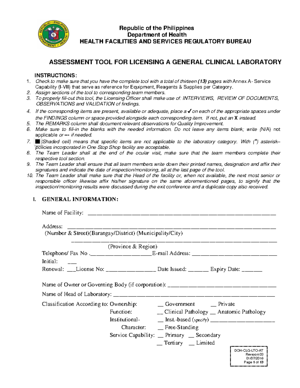 LAB MANAGEMENT ASSESSMENT TOOL FOR LICENSING CLINICAL LAB (DOH-CLG-LTO ...