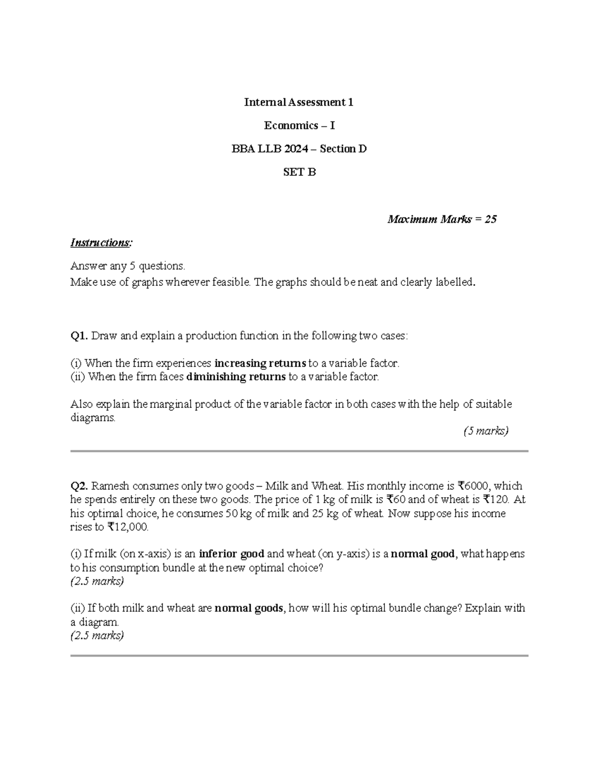 Internal Assessment 1: Economics I BBA LLB 2024 - Section D Set B - Studocu