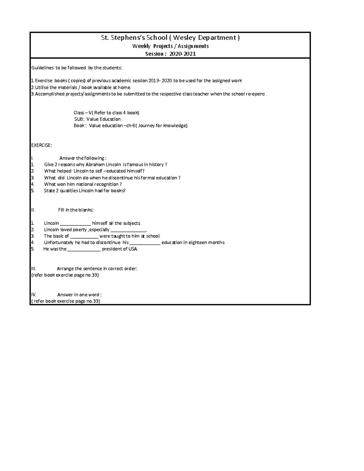 St. Stephens Class V Value Education Weekly Project Guidelines - Studocu