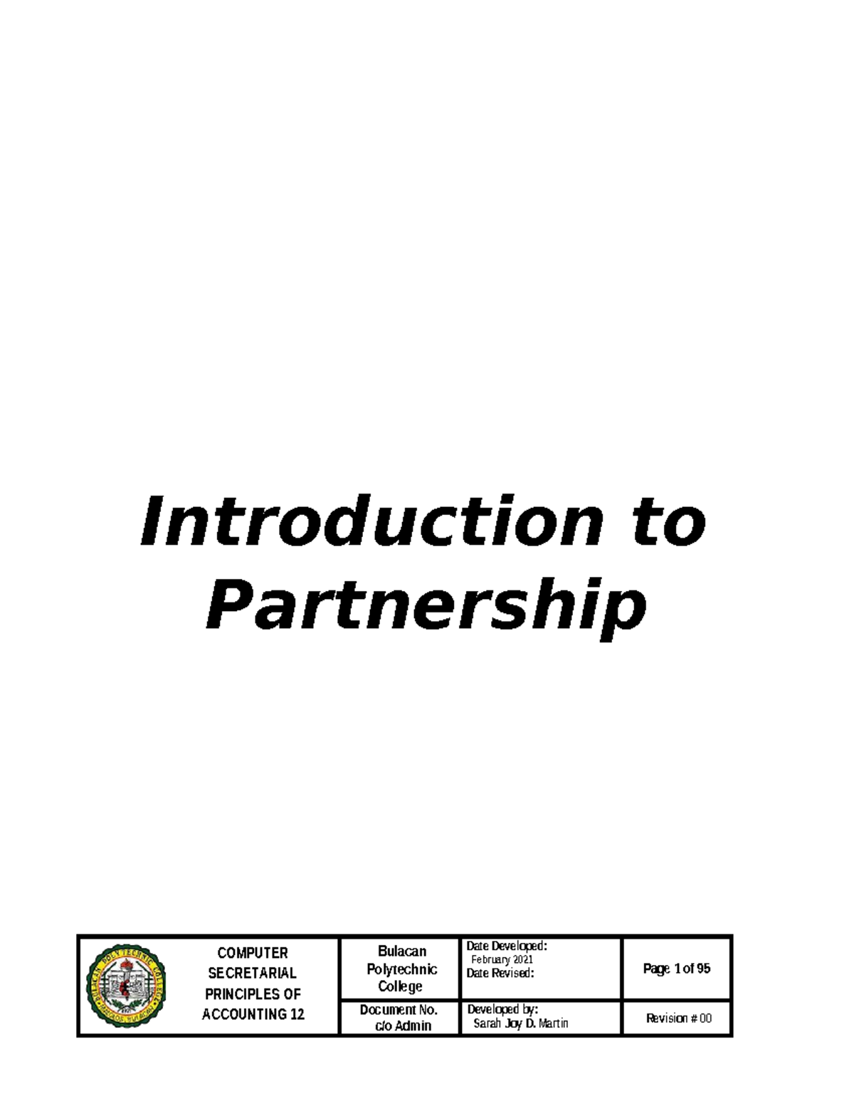 ACCT 12 Module: Introduction to Partnership in Accounting Principles ...