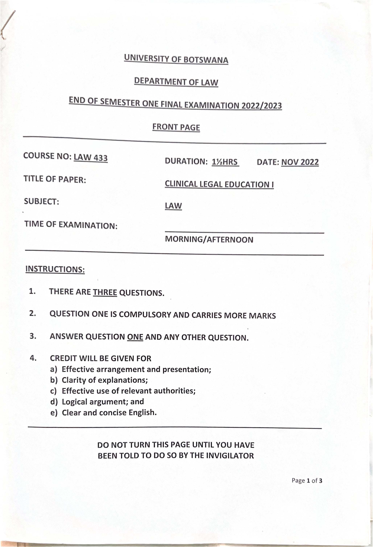 LAW 433: Final Exam Practice Questions on Clinical Legal Education I ...