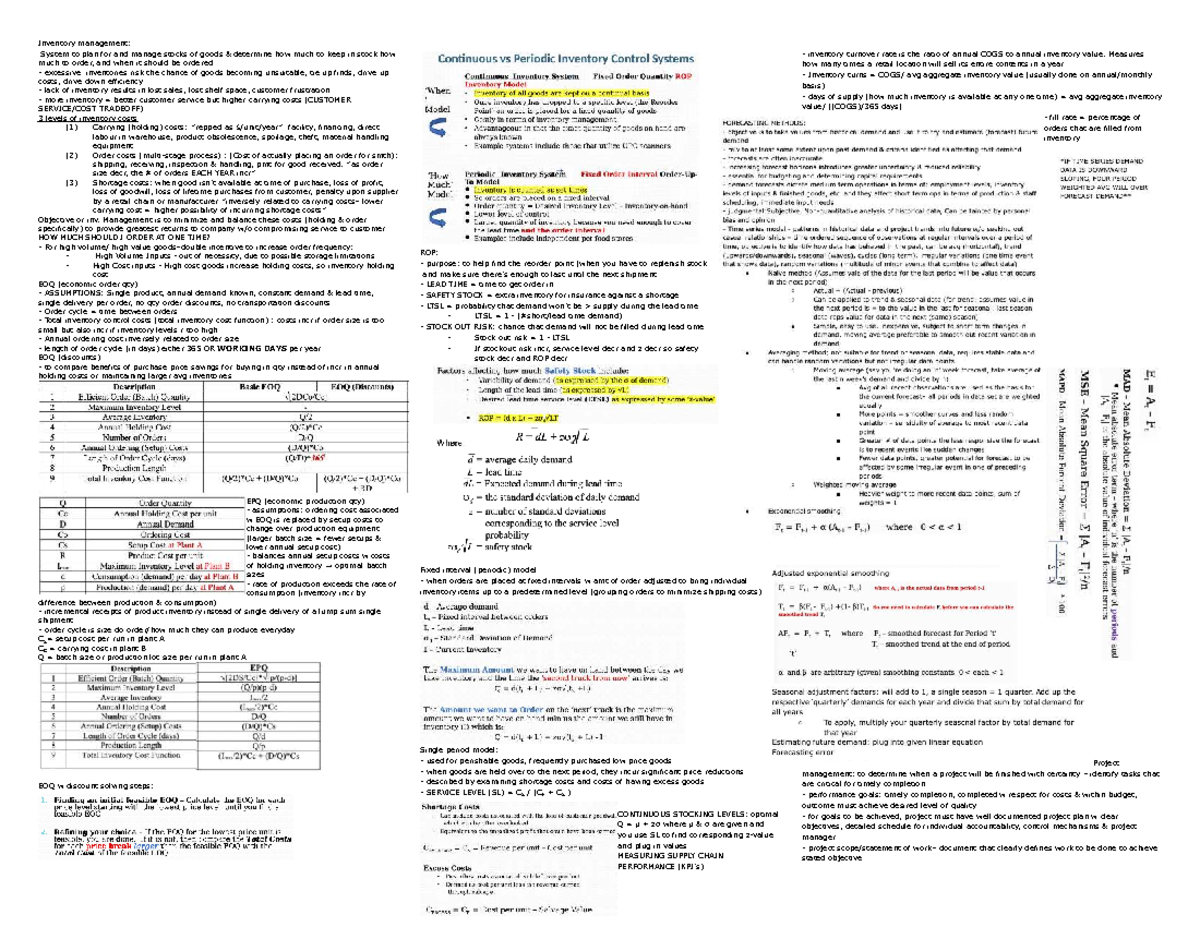 OPS Cheat Sheet Final: Inventory Management Strategies and Costs - Studocu
