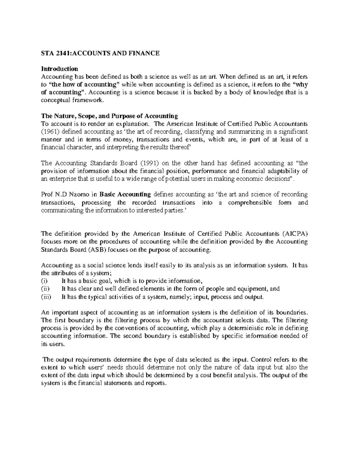 STA 2141: ACCOUNTS AND FINANCE - Introduction to Accounting Principles ...