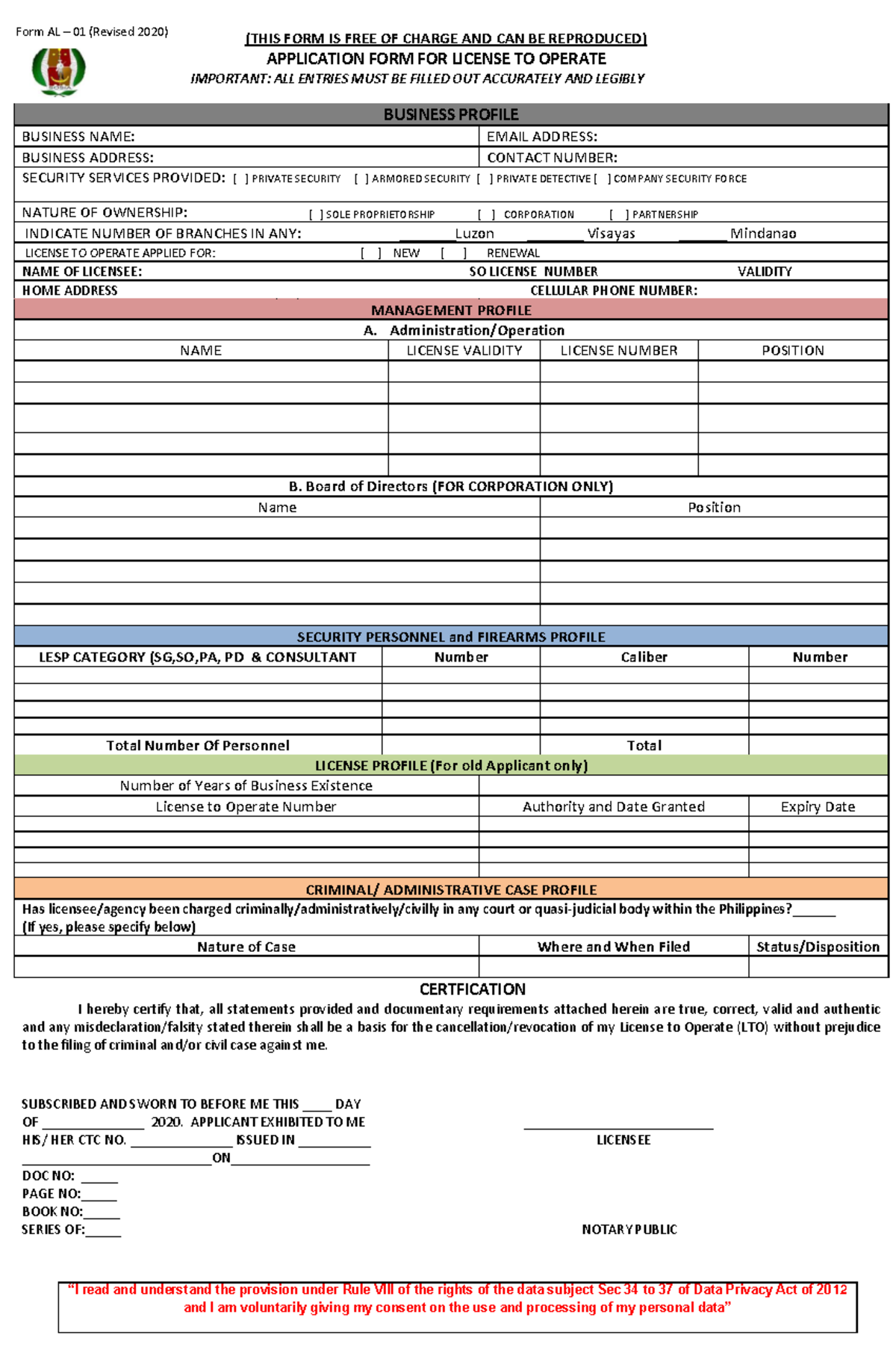 Application FORM Revised 2020 - “I read and understand the provision ...