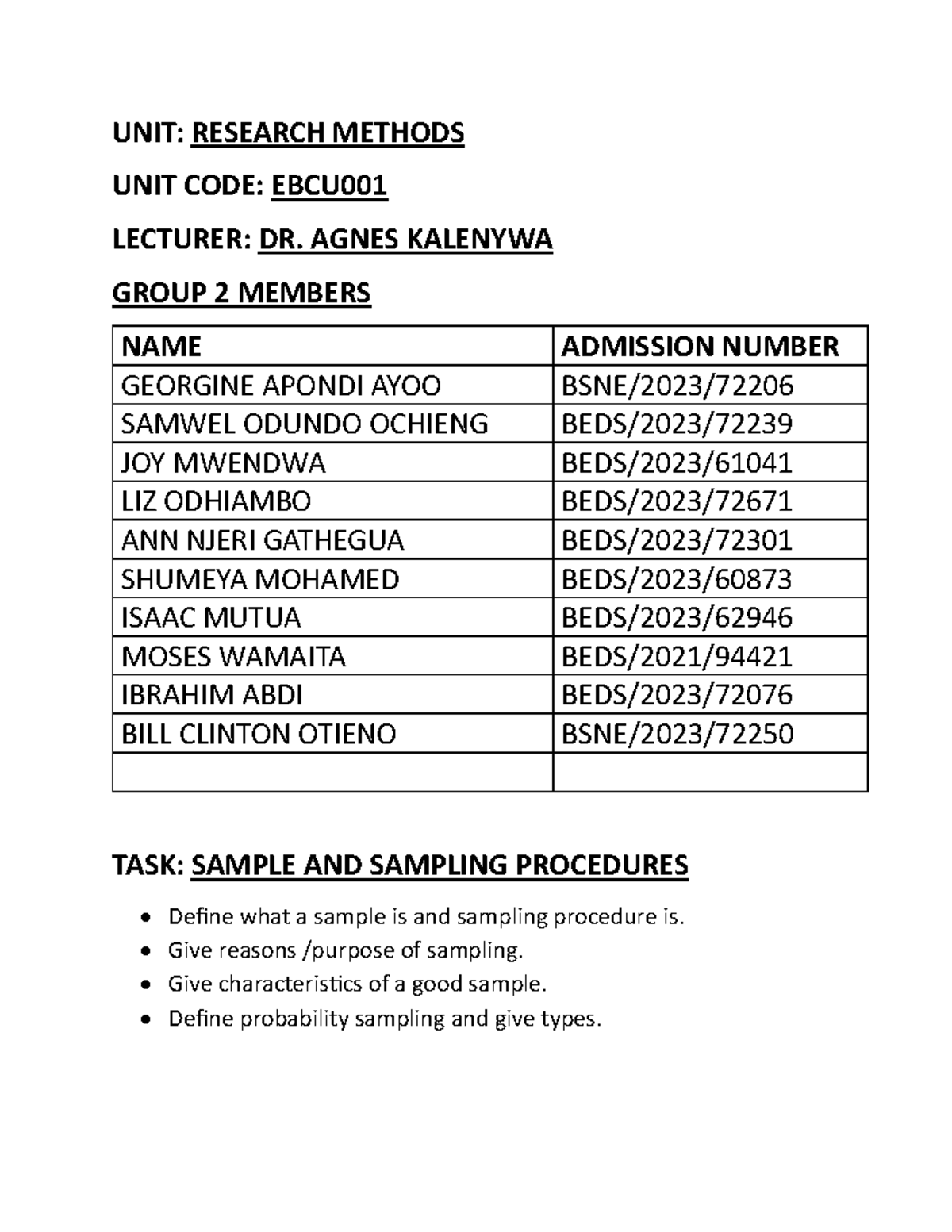Research Methods EBCU001: Sampling Procedures & Characteristics - Studocu