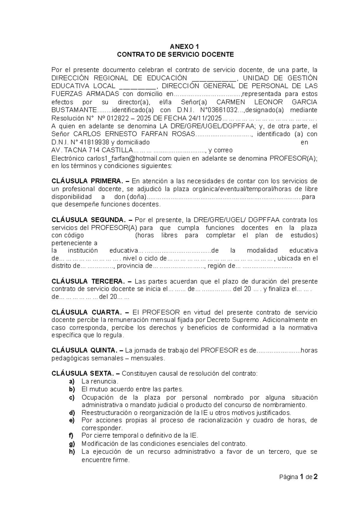 Anexo 1: Contrato de Servicio Docente 2026 - ERTERT - Studocu